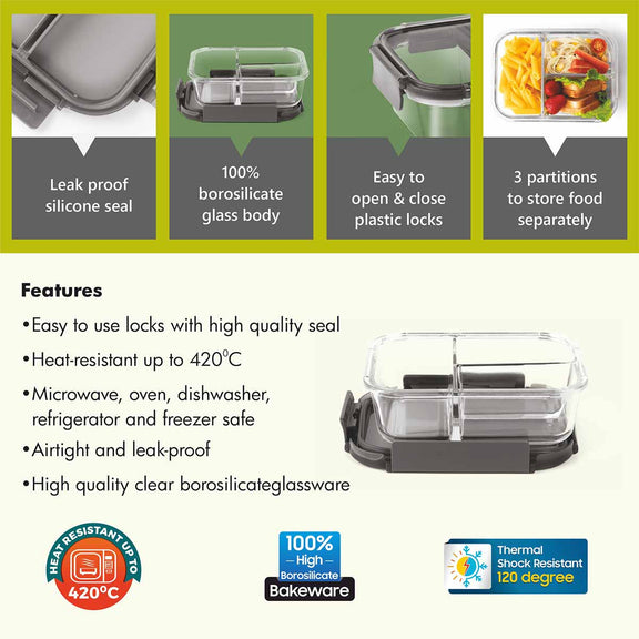 Slim Glass Lunch Box (3 Partitions) – Signoraware