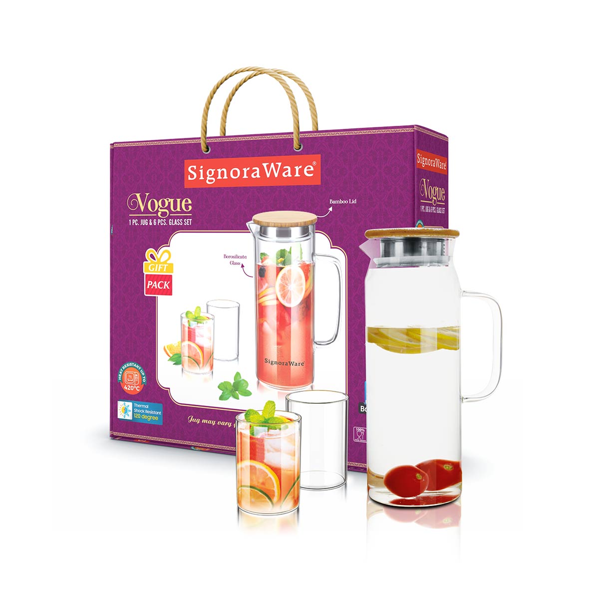Vogue Jug Bamboo Lid 1500 ml & 6 Glass (295 ml each) Gifting Set ...