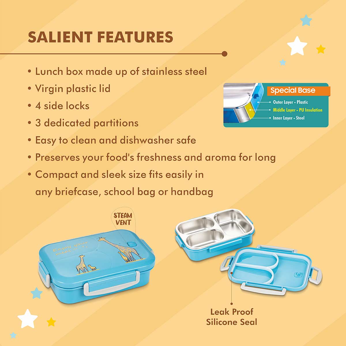 HappyMe Designer Steel Lunch Box 3 Partitions – Signoraware